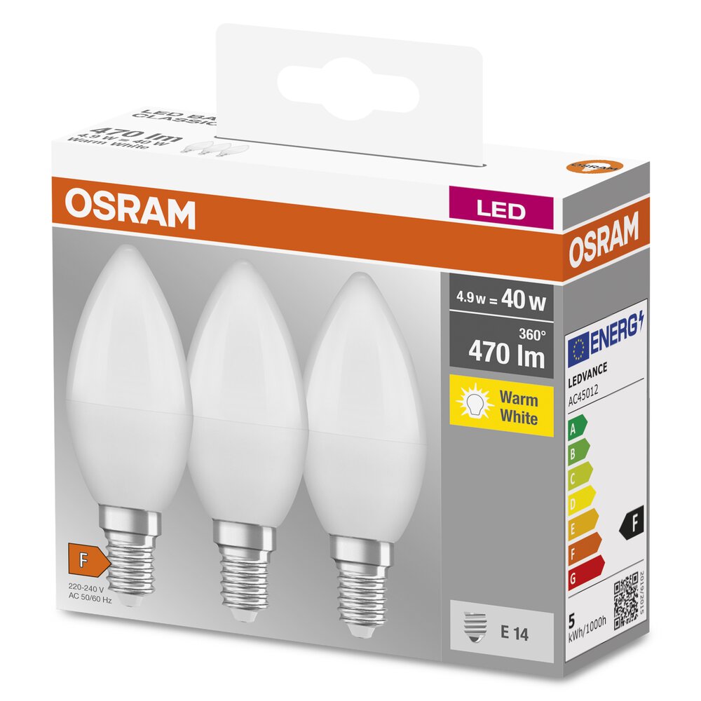 3x Żarówka LED OSRAM Świeczka E14 4,9W LED VALUE CLASSIC B 40 Biała Ciepła 2700k - sklep ...